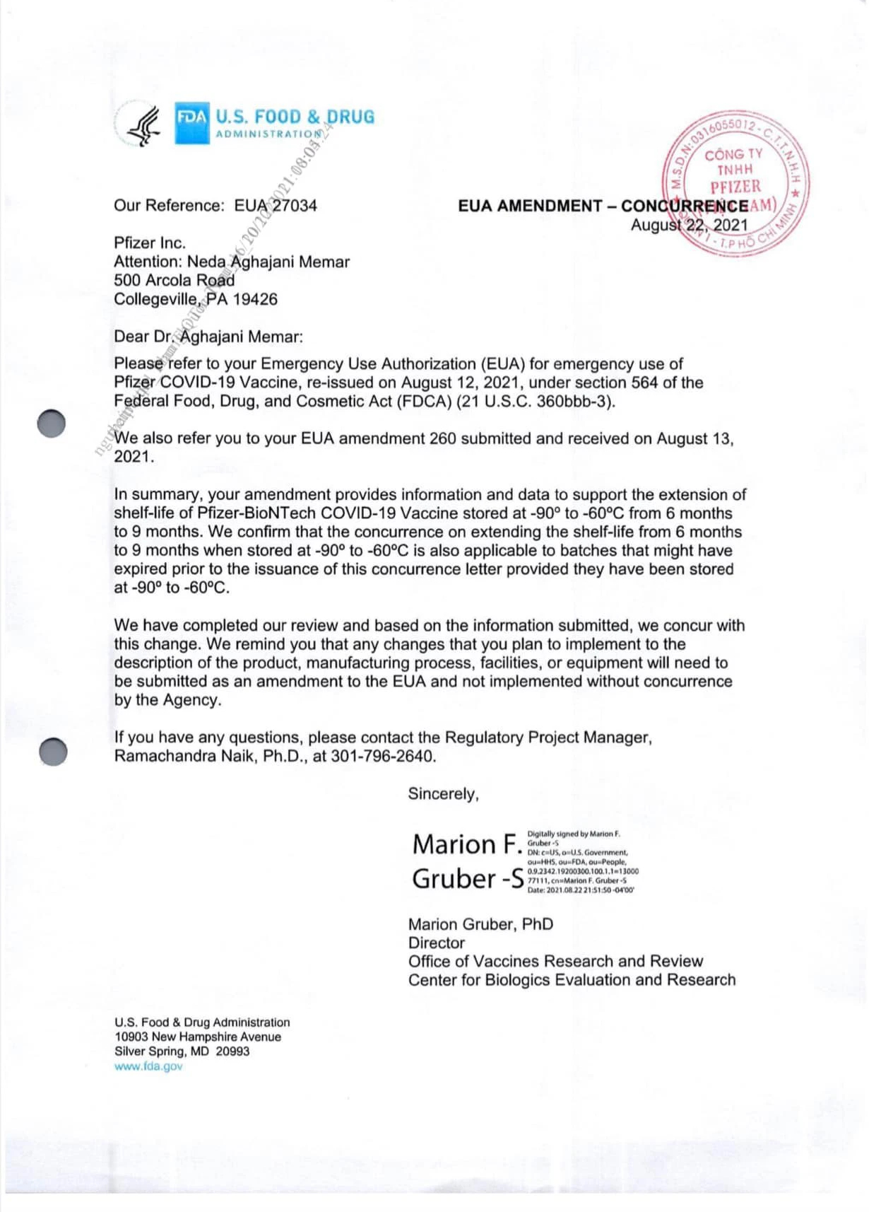 Tăng 3 tháng hạn dùng đối với các lô vaccine Pfizer